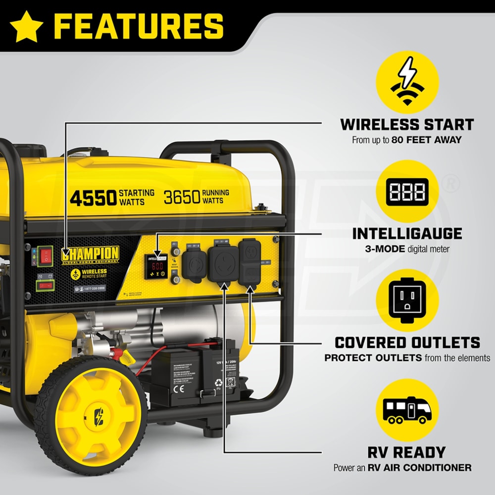 Champion 200971 - 3650 Watt Electric Start Portable Generator w/ RV ...