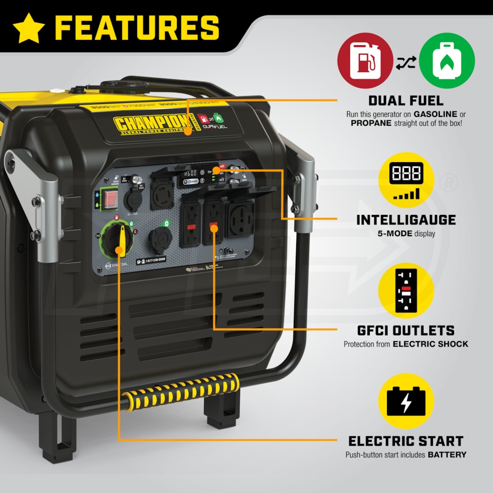 Champion 201175 - 7000 Watt Electric Start Dual Fuel Inverter Generator ...
